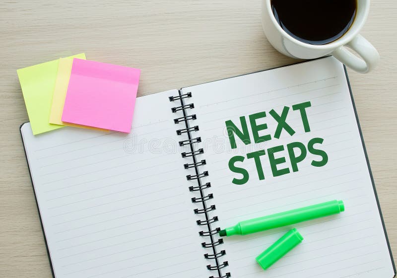 Top Down View Notebook Next Steps Green Sticky Notes Coffee Mug Stock ...