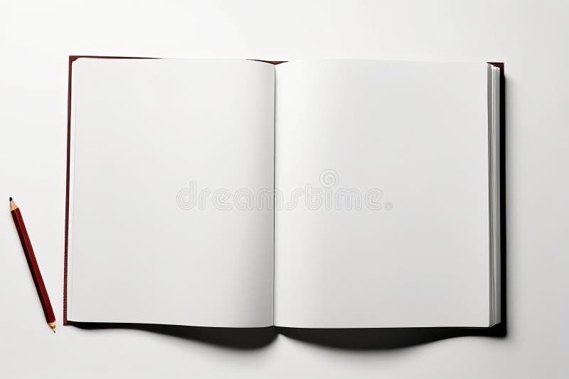 Top-Down View of Open Book with Blank Page and Pen on Flat Background ...