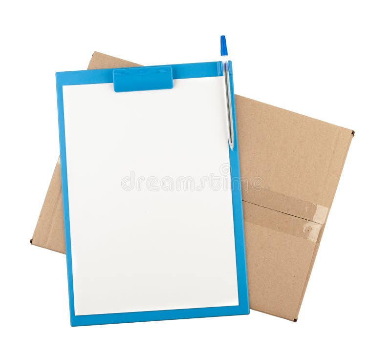 Top Down View of Open Cardboard Box with Clipboard on it Stock Image ...