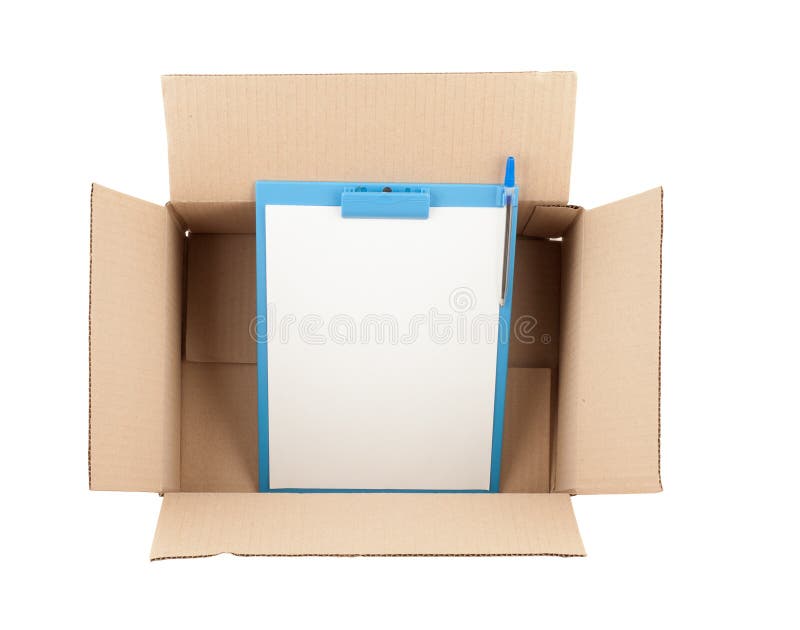 Top Down View of Open Cardboard Box with Clipboard in it Stock Photo ...
