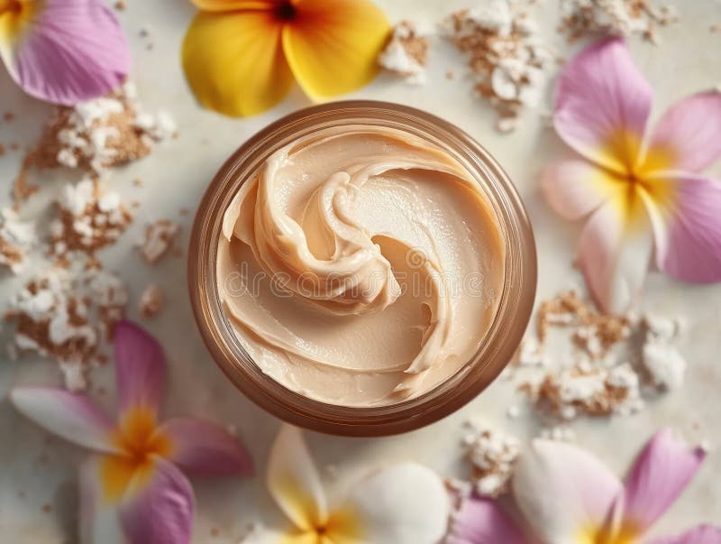 Top Down View of Open Jar with Cream and Colorful Flowers Stock ...