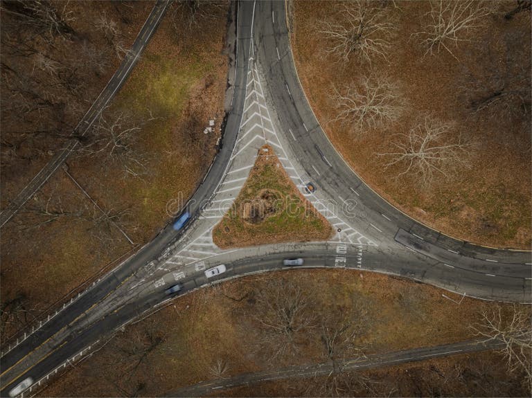 Top Down View Over an Intersection, in a Triangular Shape, on a Cloudy ...