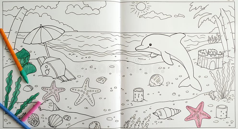Top-Down View of Partially Colored Beach-Themed Coloring Page Stock ...