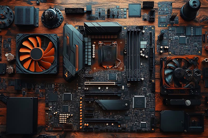 Top-Down View of PC Components Motherboard, CPU Cooler, and More Stock ...