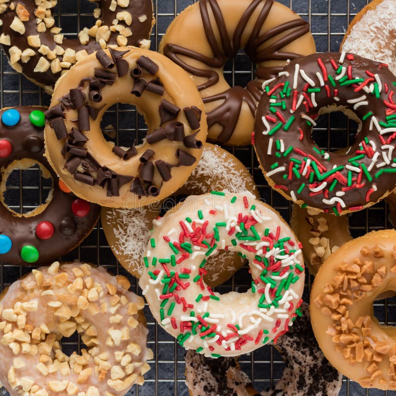 Top Down View of a Pile of Fresh Homemade Donuts with Various Toppings ...