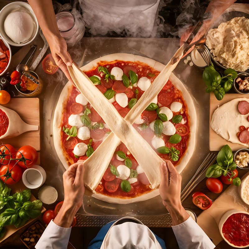 Top Down View of a Pizza Making Process with Fresh Ingredients Stock ...