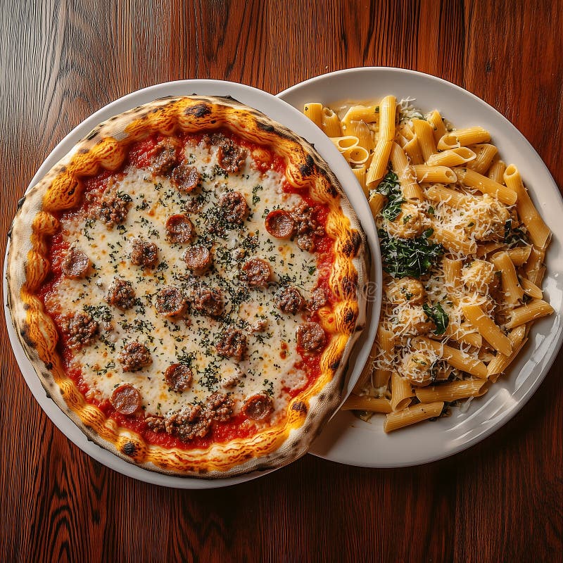 Top-Down View of a Pizza and Pasta Combo Meal Stock Illustration ...