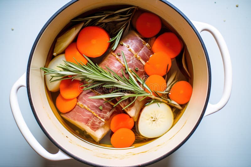 Top-down View of Pot Roast Cooking with Fresh Rosemary Stock Image ...