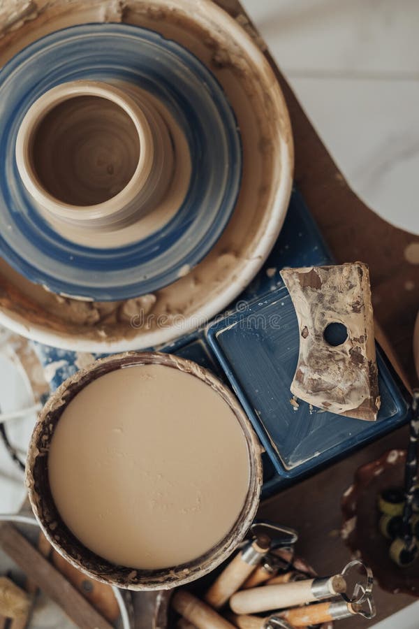 Top Down View on Pottery Workplace, Pot on a Clay Wheel, Potter Master ...