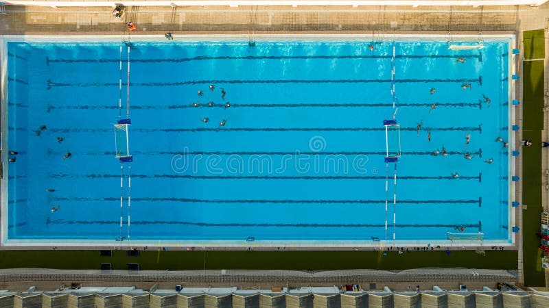 Top Down View of Public Swimming Pool. Water Polo Team Practicing ...