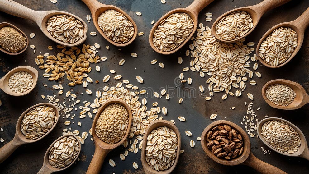 Top-down View of Raw Oat Grains Spread Across Rustic Table in Uneven ...