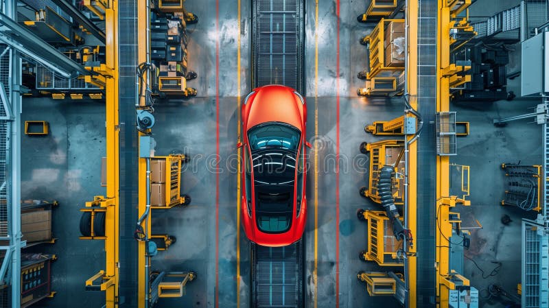 Top-Down View of a Red Electric Car Assembly in High-Tech Manufacturing ...