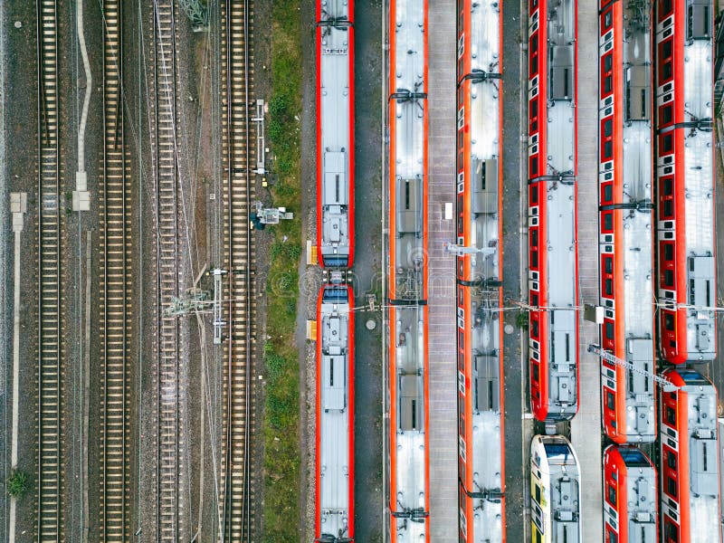 Top Down View of Red Trains and the Railroad Stock Photo - Image of ...