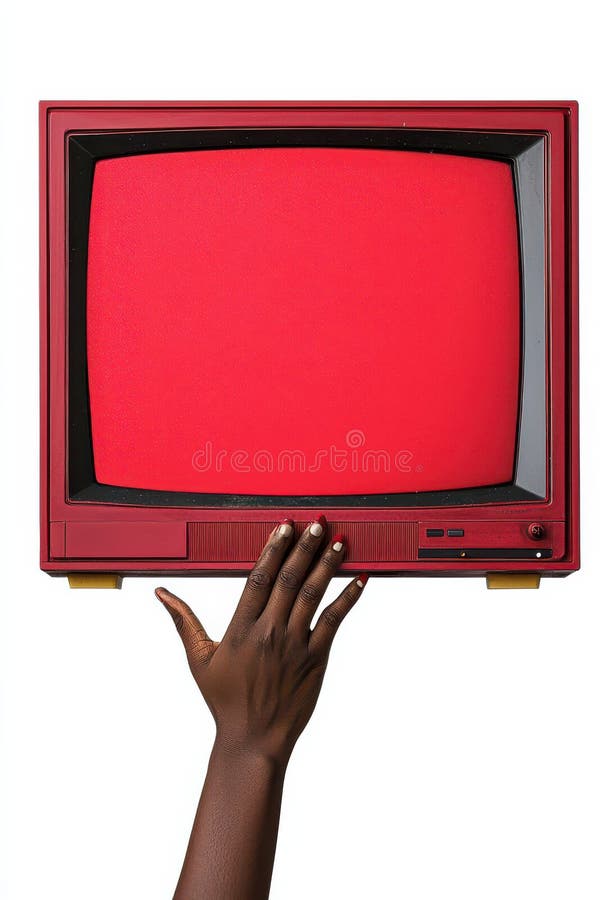 Top View of a Red Vintage Television with a Hand Adjusting Controls ...