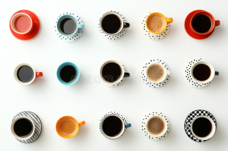 A Top-down View Reveals a Grid of Assorted Coffee Cups, Each Filled ...