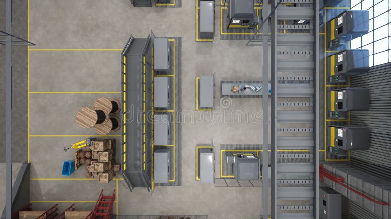 Top Down View of Rows of Computerized Machines in Warehouse, 3D ...