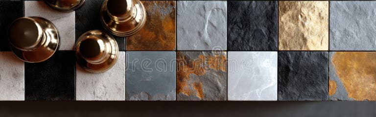 Top-down View of Rustic Checkerboard Pattern with Slate Stone and Metal Objects Stock Image ...