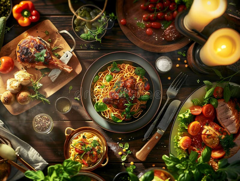 Rustic Dinner Table with Pasta, Meat, and Vegetables Stock Illustration ...