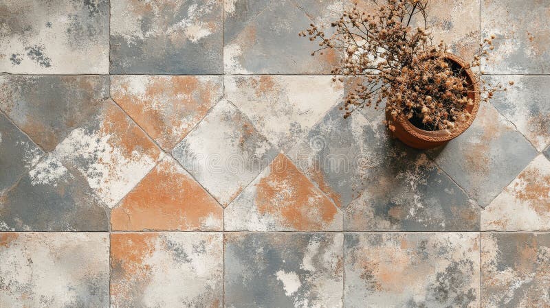 A Topdown View of a Rustic Tile Floor Featuring a Pot of Dried Flowers ...