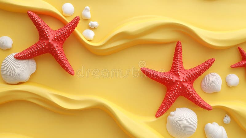 A Top-down View of a Sandy Beach Featuring Red Starfish, Seashells, and ...
