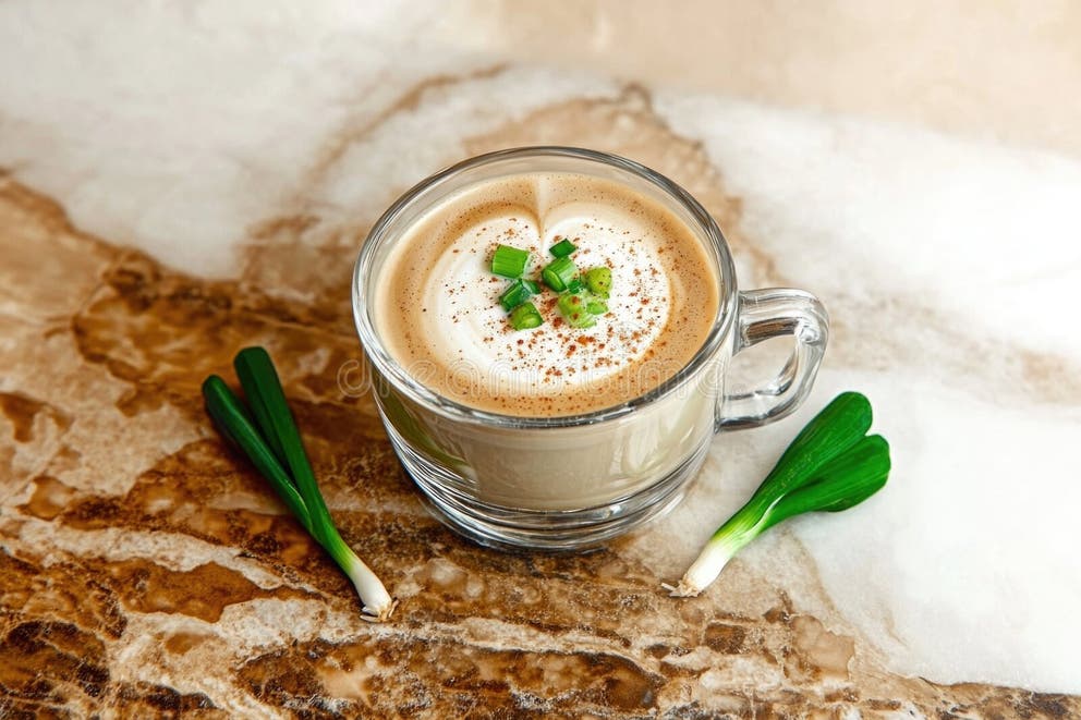Top Down View of Scallion Latte with Whipped Foam on Marble Surface for ...