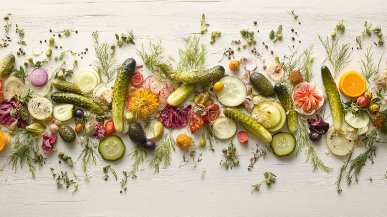 Top Down View of Scattered Pickles and Vegetables Stock Illustration ...