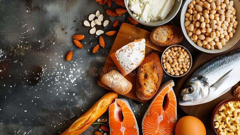 Top-down View of a Selection of Healthy Foods Including Bread, Salmon ...