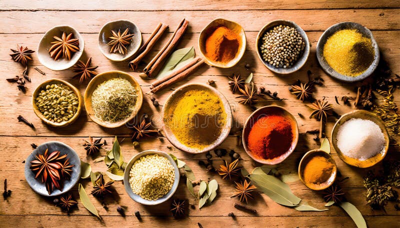 Top Down View of a Selection of Spices, on Wooden Table Stock ...