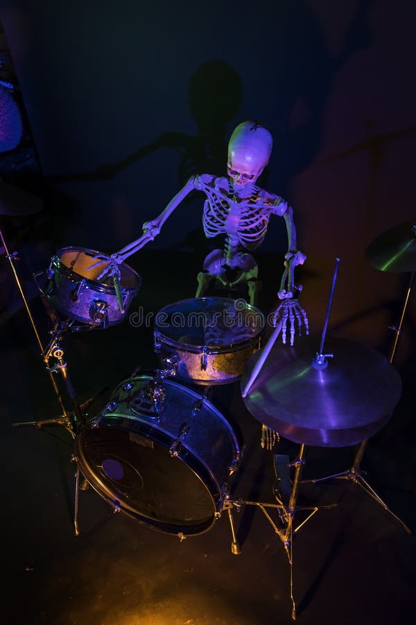 Top Down View of Skeleton Playing Drum Set on Black Background Stock ...