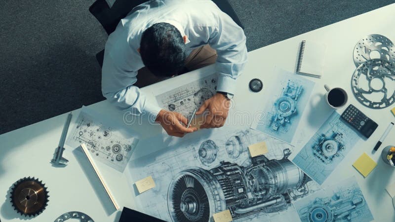Top View of Skilled Engineer Writing and Planning Engine Design ...