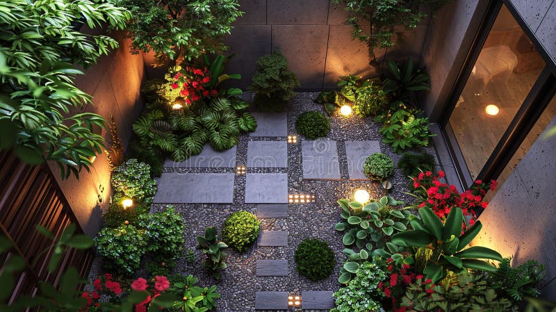 A Top-down View of a Small, Minimalist Garden with Stone Pathways, Lush ...