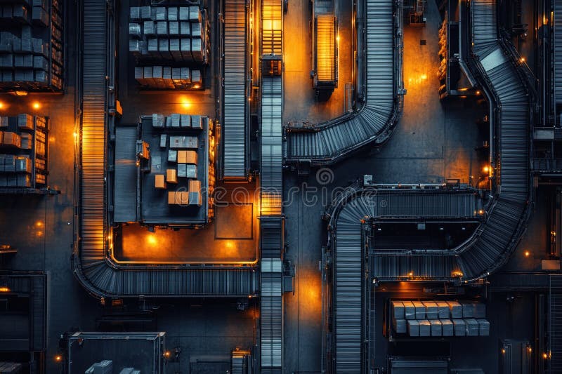 A Top Down View of Sorting Facility with Conveyor Belts and Illuminated ...