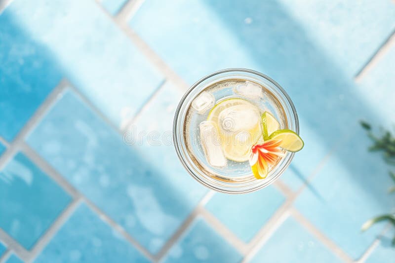 Top Down View of Sparkling Water in a Poolside Glass Stock Photo ...
