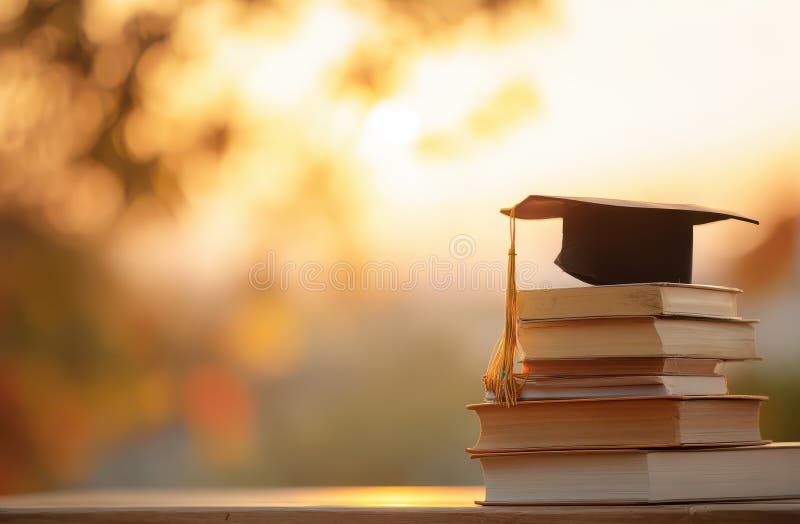 A Top-down View of a Stack of Books with a Graduation Cap Stock ...