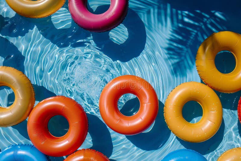 Top Down View of a Summer Swimming Pool Full of Inflatable Pool Floats ...