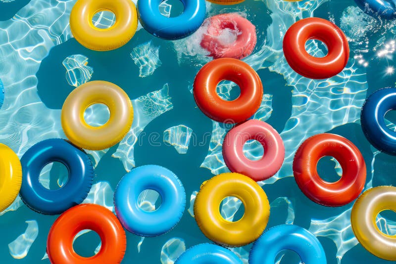 Top Down View of a Summer Swimming Pool Full of Inflatable Pool Floats ...