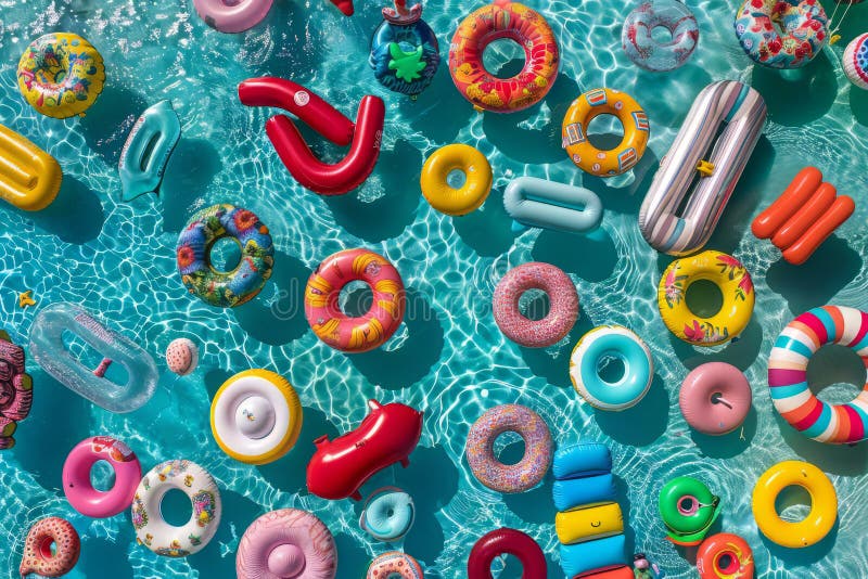 Top Down View of a Summer Swimming Pool Full of Inflatable Pool Floats ...