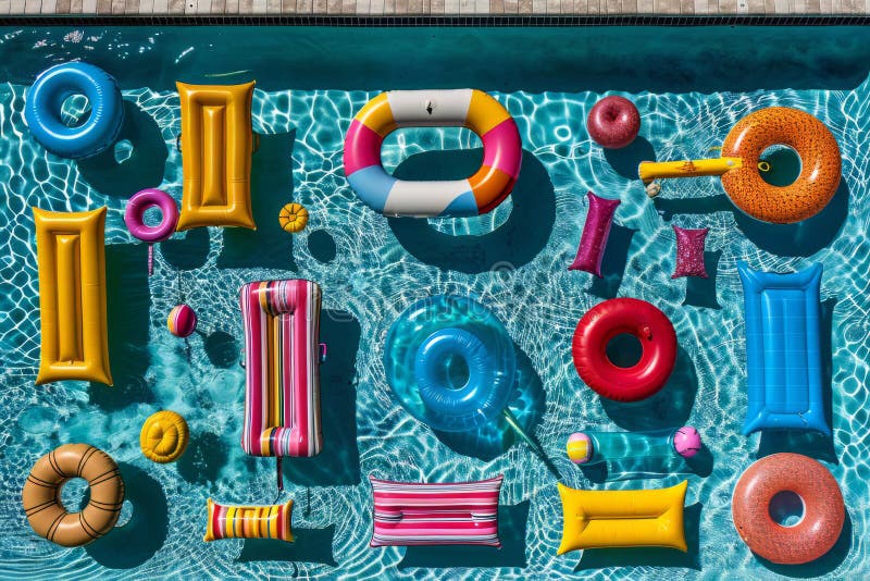 Top Down View of a Summer Swimming Pool Full of Inflatable Pool Floats ...