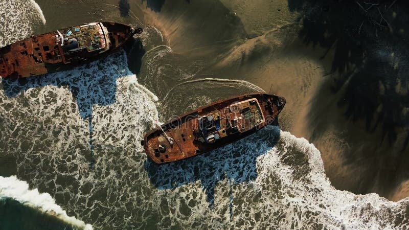 Top-down View of Sunken Ships Covered with Rust. Shipwreck in the Ocean ...