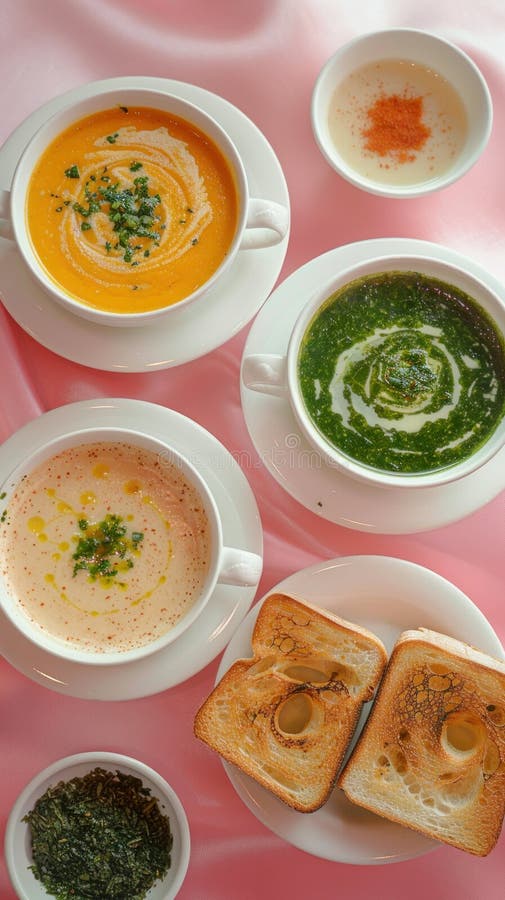 Top-down View of a Table with Bowls of Soup and Assorted Sandwiches ...