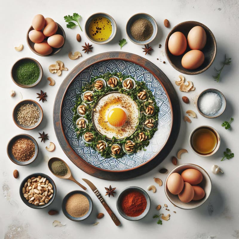 Top-down View of a Table with a Cooked Egg Dish, Spices, Herbs, and ...