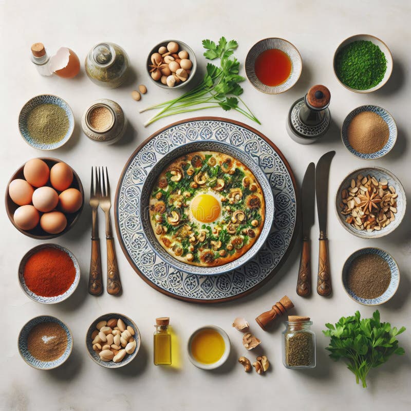 Top-down View of a Table with a Cooked Egg Dish, Spices, Herbs, and ...
