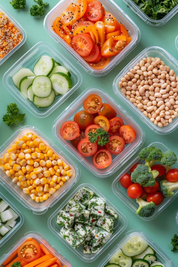 A Top-down View of a Table Covered with Clear Plastic Containers Filled ...