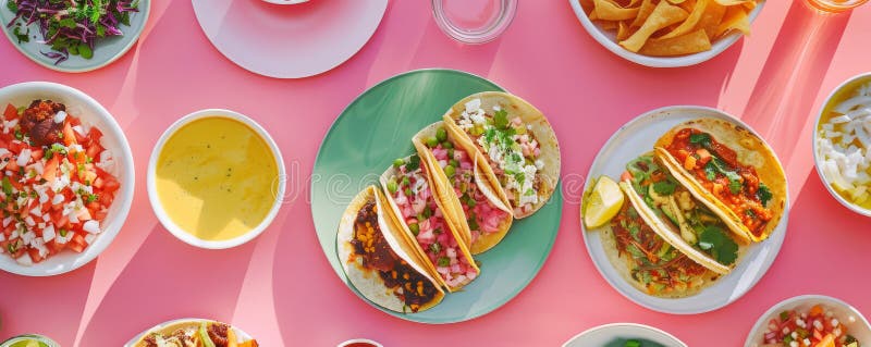Top Down View of a Table Full of Mexican Tacos with Lots of Side Dishes ...