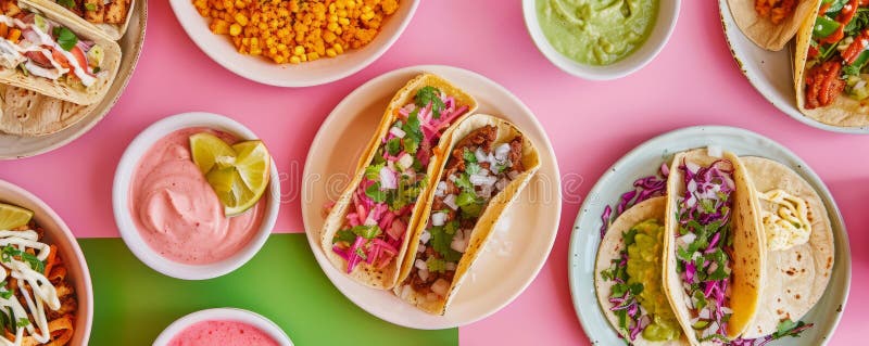 Top Down View of a Table Full of Mexican Tacos with Lots of Side Dishes ...