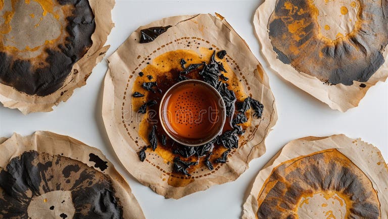 Top-down View of Tea Bag Stains on Paper with Irregular Ring Shapes and ...