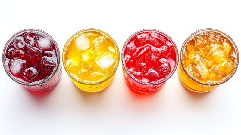 A Top-down View of Ten Vibrant Drinks with Ice, Displayed on a White ...