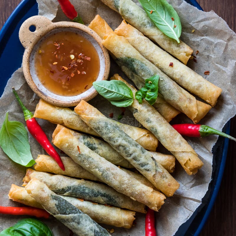 Top Down View of Thai Shrimp Spring Rolls with Sweet Chili Sauce. Stock ...