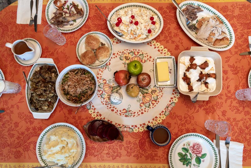 Top-Down View of Thanksgiving Dinner Table with Many Different Food ...