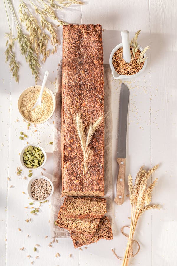 Top Down View of Tin Wholemeal Bread with Grain Stock Image - Image of ...